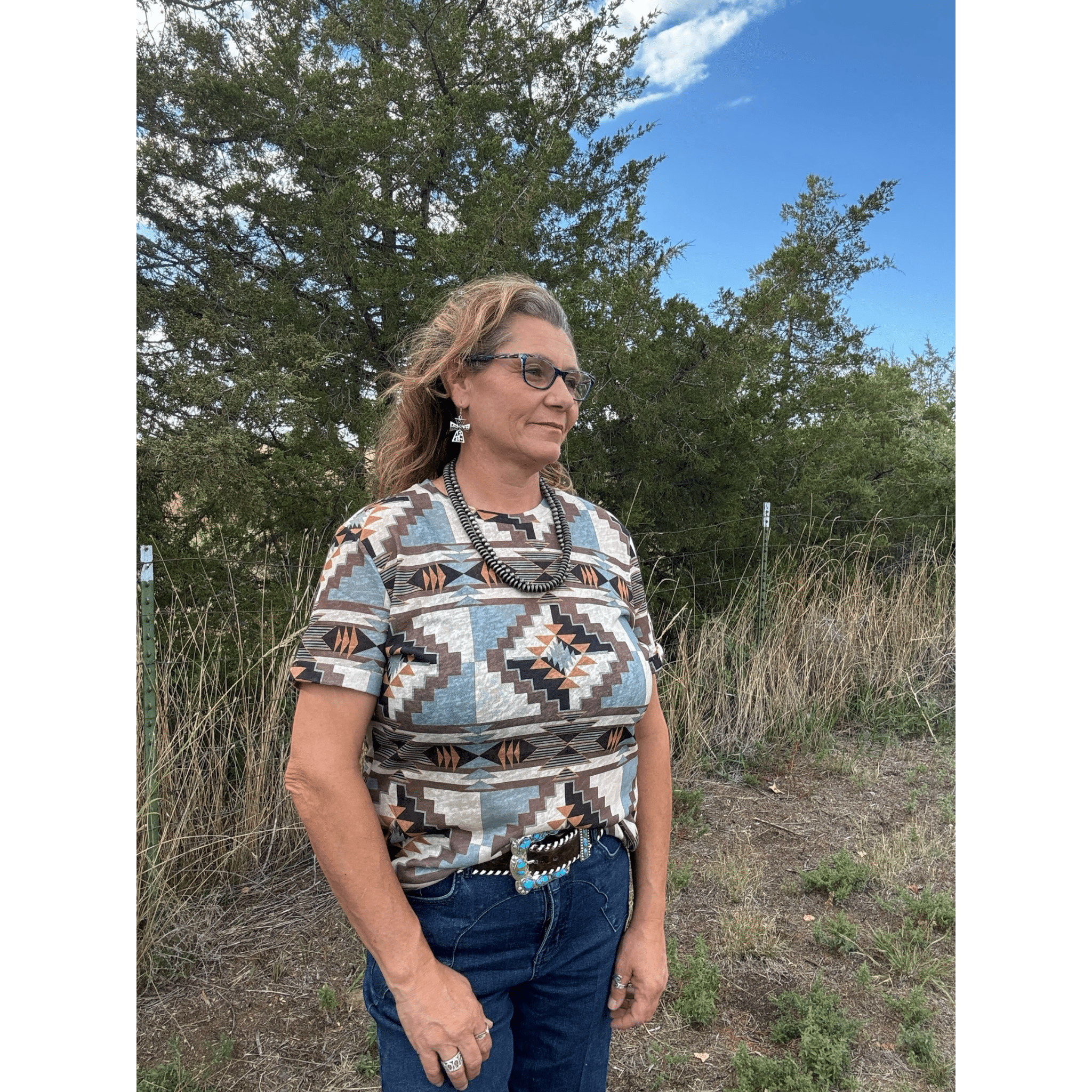 Dumas Desert Tee | Aztec Print Fall Top – Southwest Style – Dirt Roads ...