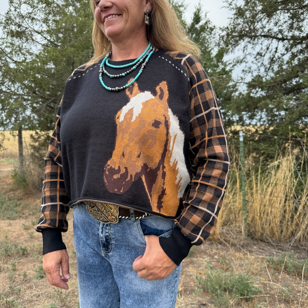 Side Pony Palomino Horse Sweater – Western Plaid Cropped Knit – Dirt ...